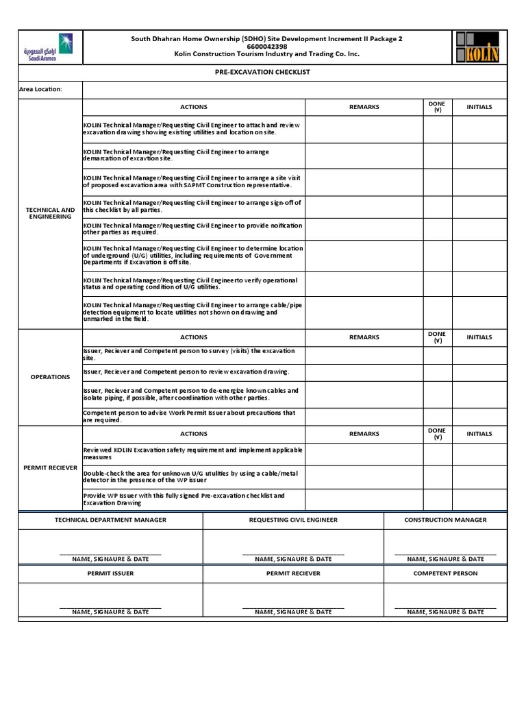 Aramco Pre-Excavation Checklist | PDF | Civil Engineering | Engineering