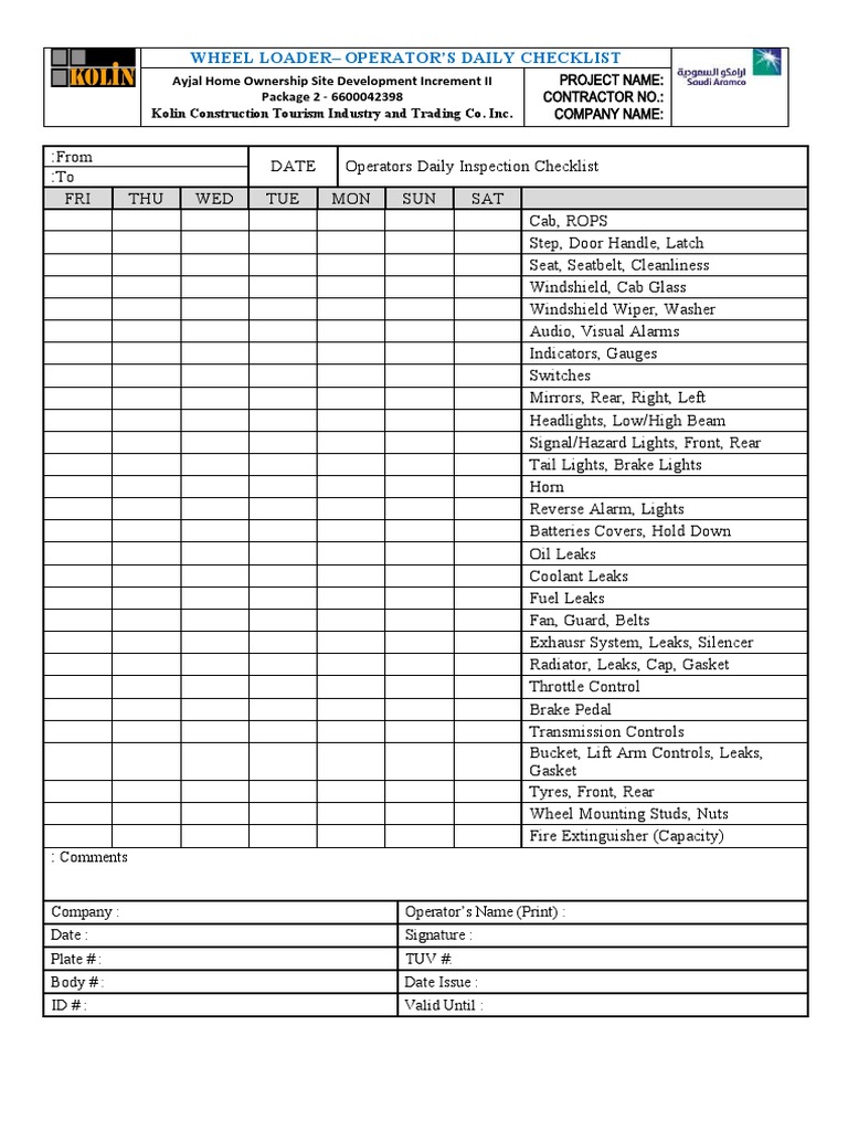 FC 4.1.14 - Wheeled Loader Checklist Form | PDF | Motor Vehicle | Vehicles
