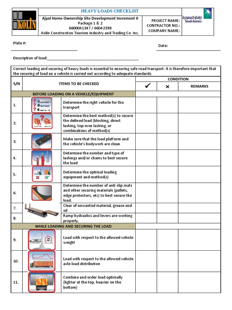 FC 4.1.28 - Heavy Loads Checklist Form | PDF | Vehicles | Manufactured ...
