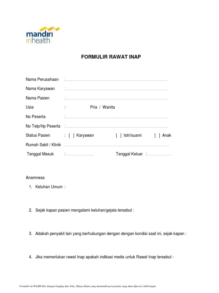 Formulir Rawat Inap Indemnity-1 - MANDIRI INHEALTH | PDF