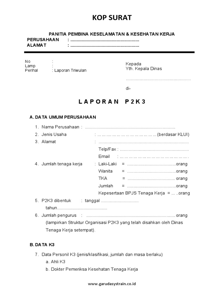 Format Laporan Triwulan K3L P2K3 Ke Disnaker Setempat | PDF