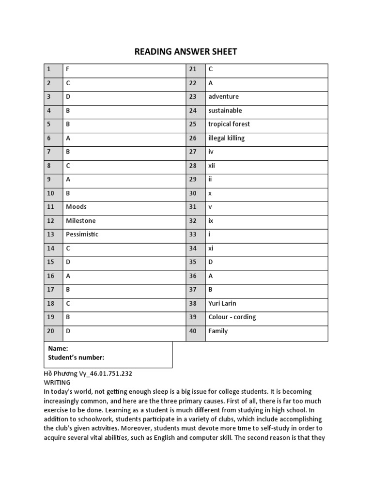 Reading Answer Sheet: Name: Student's Number | PDF
