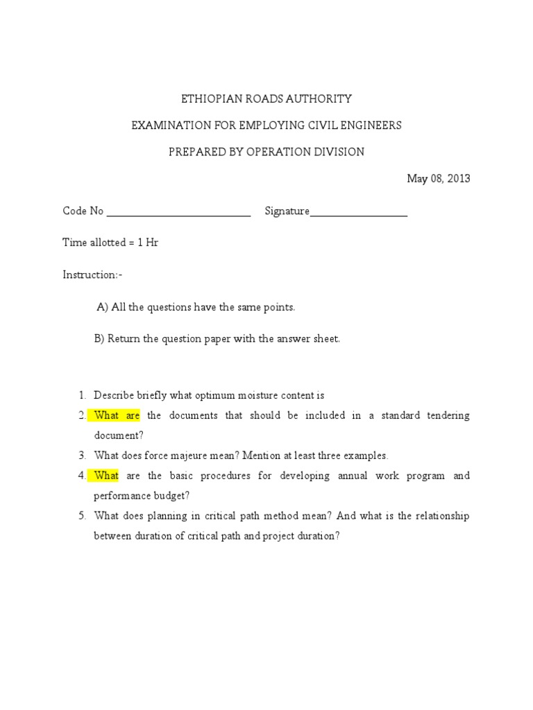 Exam Civil Engineers 2 | PDF | Road | Concrete