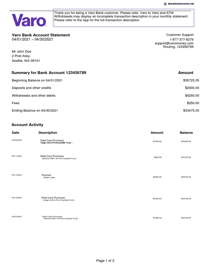 Varo Bank Statement BankStatements | PDF | Debit Card | Financial Transaction