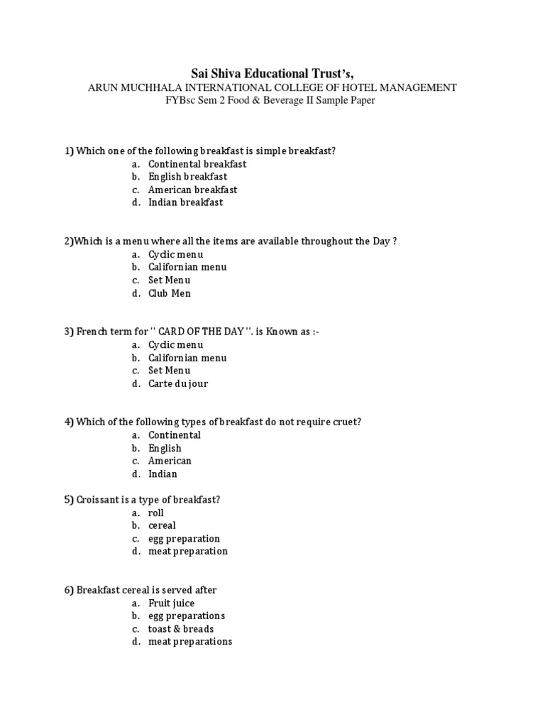 Sample Exam for Food and Beverage Management Students Focusing on Key ...