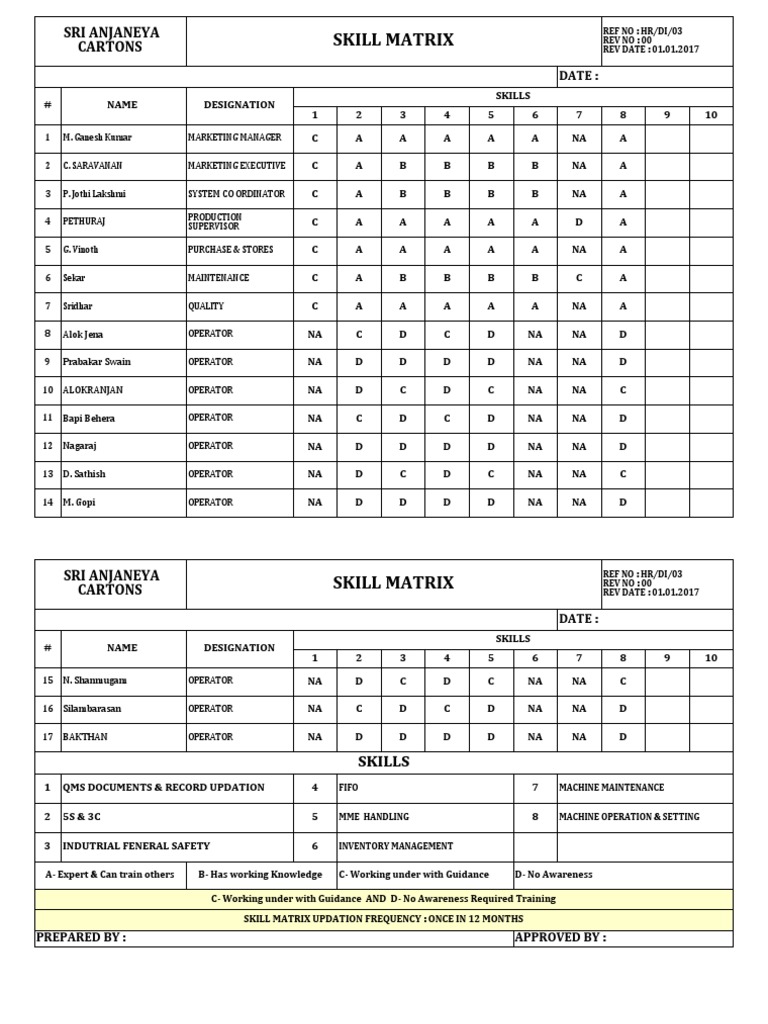 Skill Matrix: Sri Anjaneya Cartons | PDF