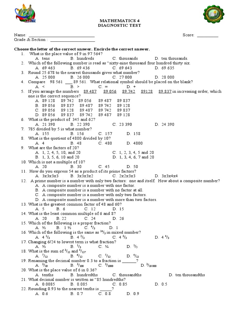 Mathematics 4 Diagnostic Test | PDF | Elementary Mathematics | Mathematics