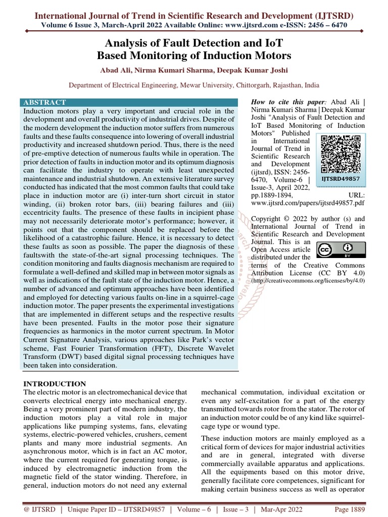 Analysis Of Fault Detection And Iot Based Monitoring Of Induction Motors Pdf Electric Motor