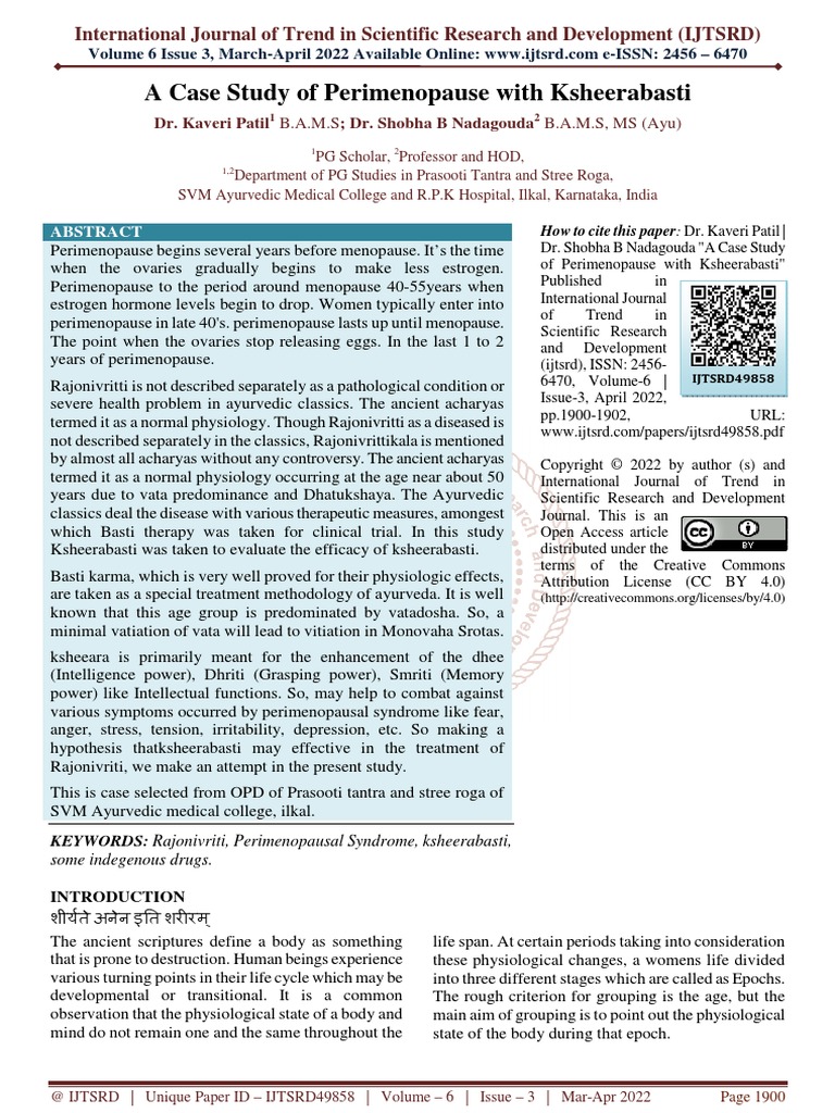A Case Study of Perimenopause With Ksheerabasti | PDF | Menopause ...