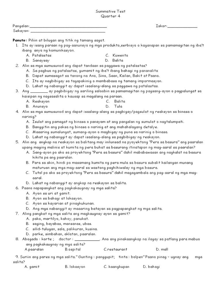 Q4 Summative Filipino 6 | PDF