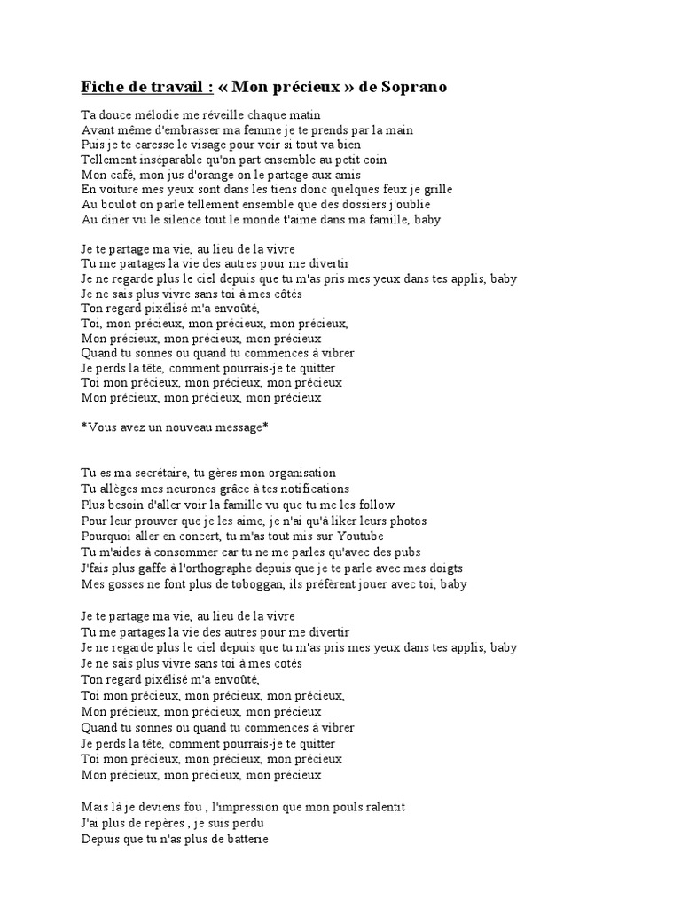 Analyse de "Mon précieux" de Soprano | PDF | Arts du langage et ...