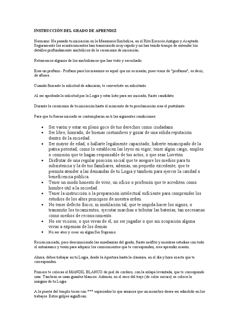 Instrucción Del Grado De Aprendiz | PDF | Altar | Masonería