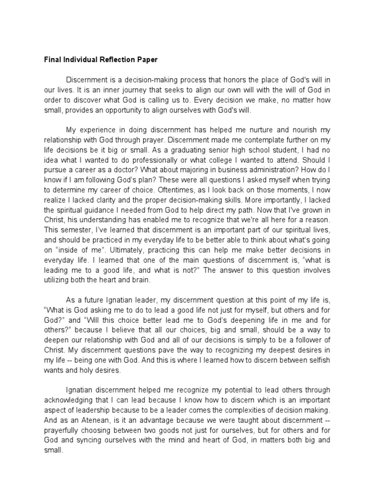 Discernment Reflection Paper | PDF | Decision Making | Behavior ...