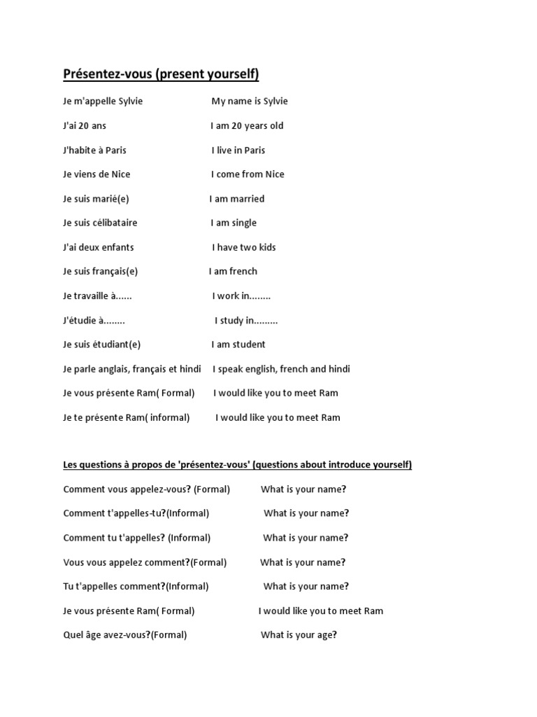 Guide pour se présenter en français | PDF