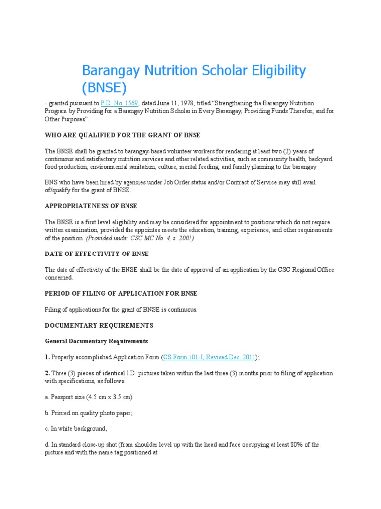 Barangay Nutrition Scholar Eligibility Guide | PDF | Identity Document ...