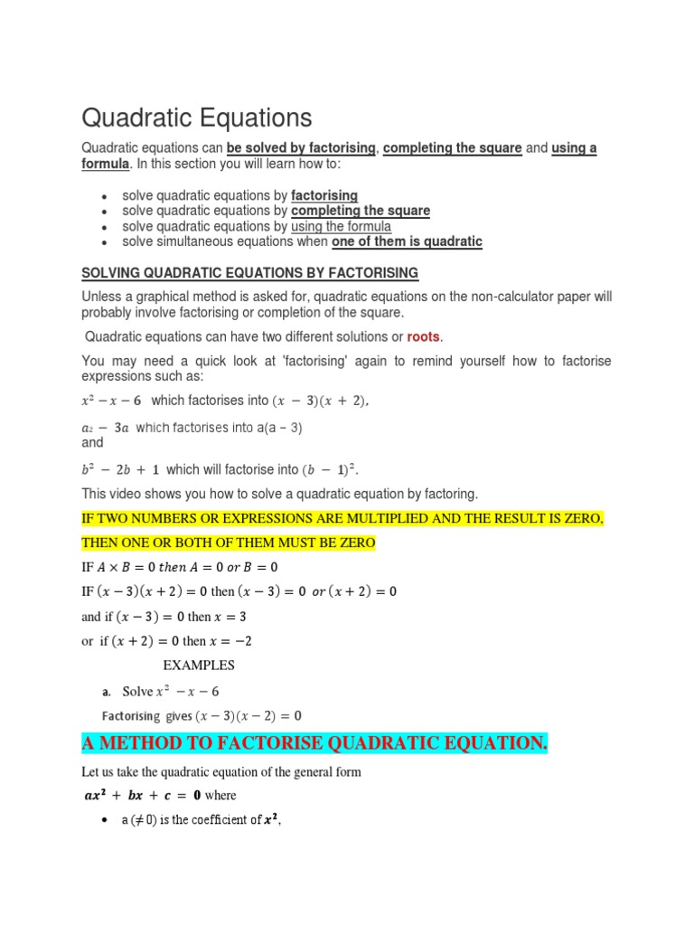 Quadratic Equations Methods | PDF | Factorization | Quadratic Equation