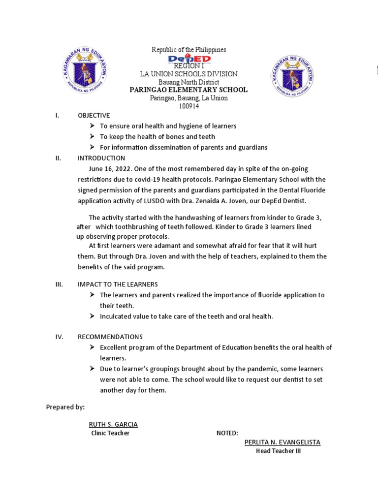 Dental Health Report for Paringao School | PDF