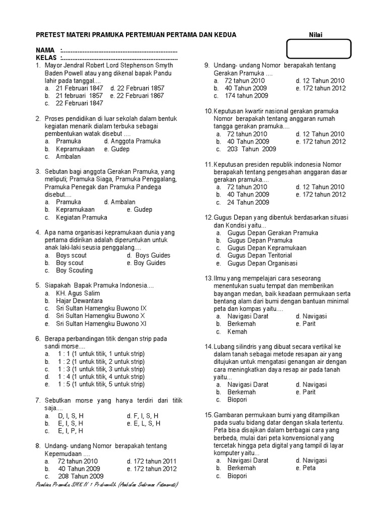 Soal Pretest Pramuka P1 DAN P2 | PDF