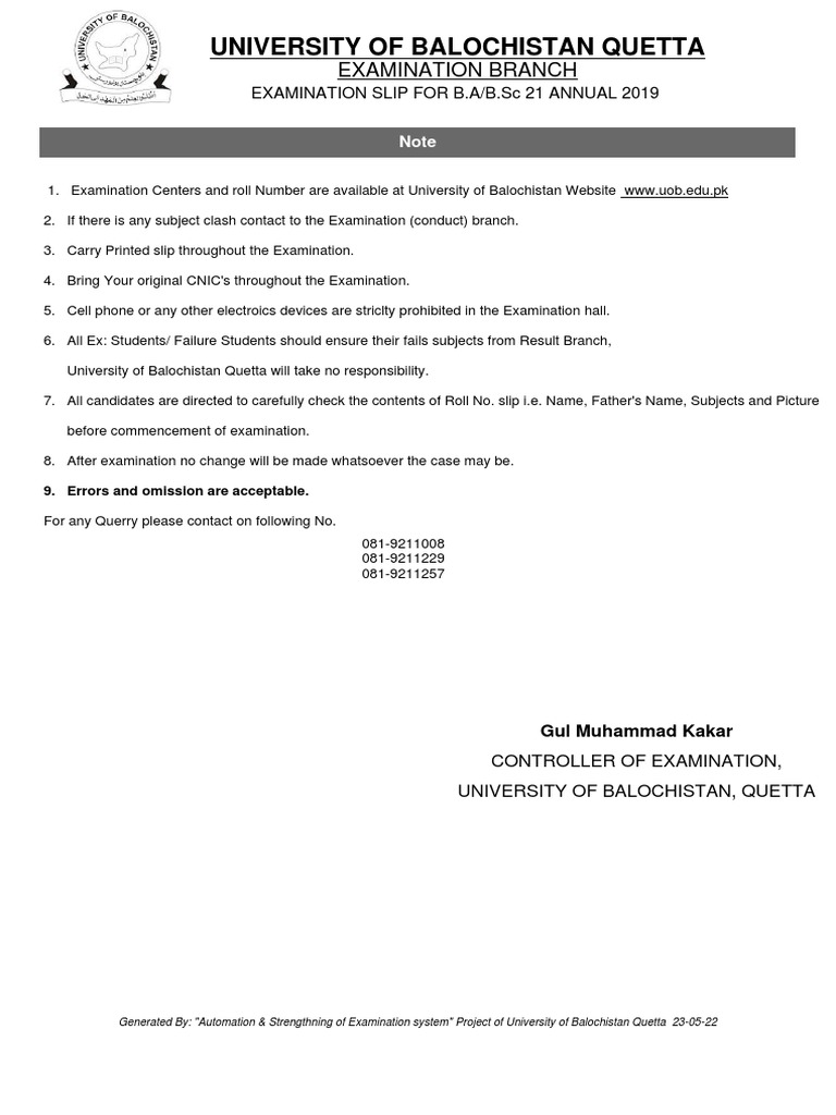 Exam Slip | PDF