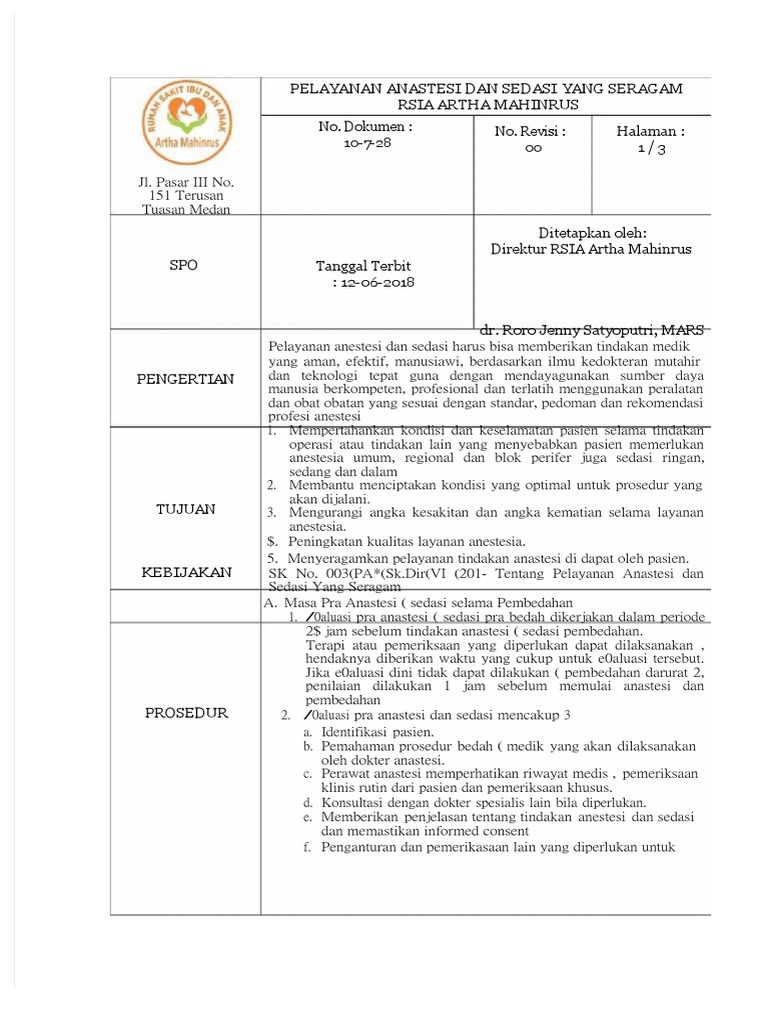 14 Spo Pelayanan Anastesi Dan Sedasi Elektif Dan Cito Yang Seragam 1 | PDF