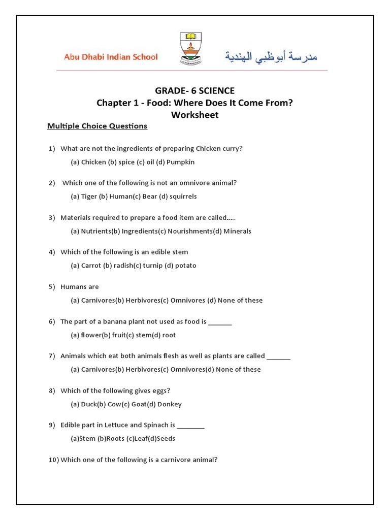 Class 6 Science: Food Sources Worksheet | PDF