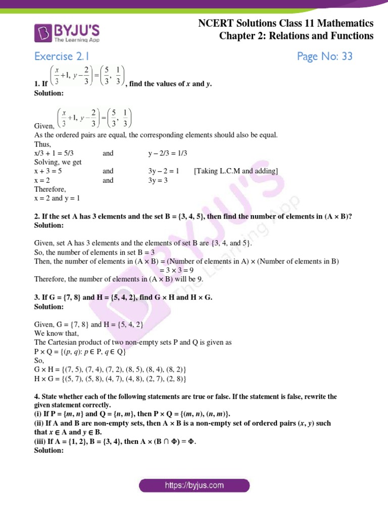 NCERT Solutions For Class 11 Maths Chapter 2 Relations and Functions | PDF | Function ...
