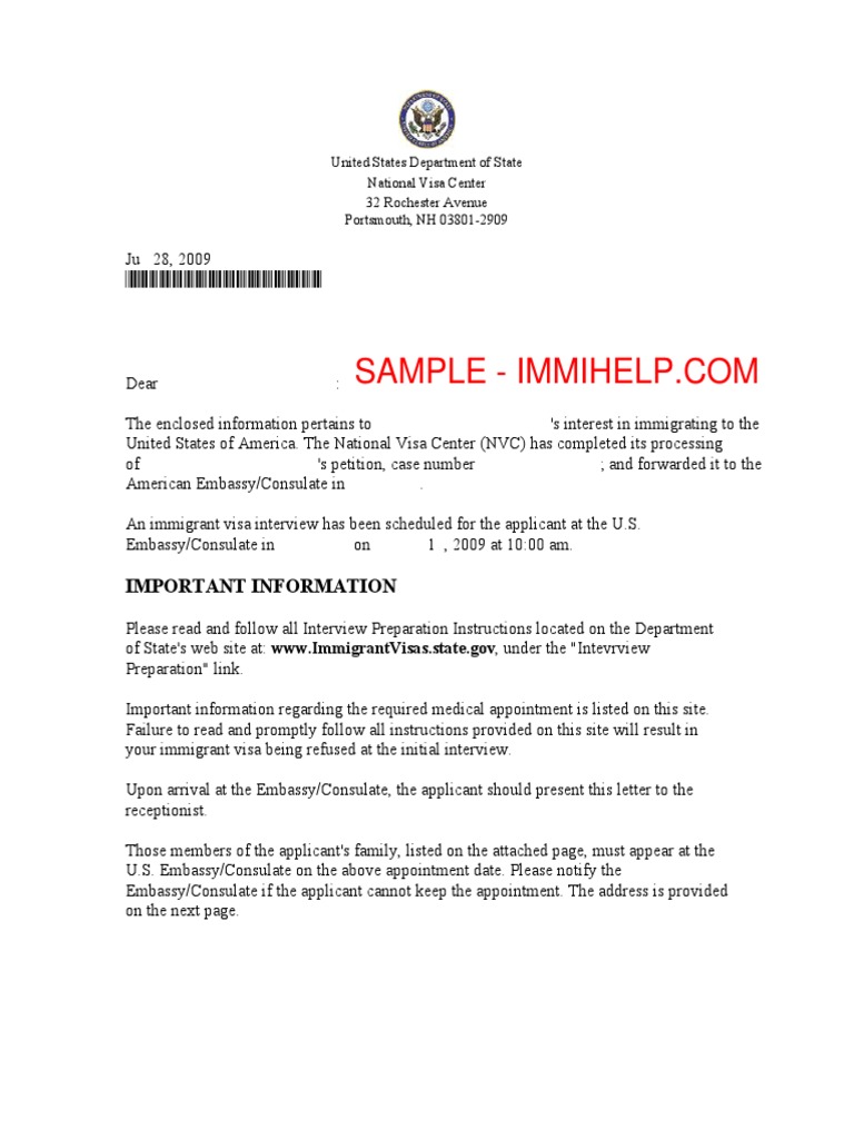 Sample Interview Appointment Letter NVC For Us Immigrant Visa | PDF ...