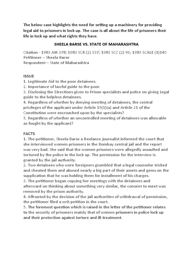 Sheela Barse vs. State of Maharashtra: A Landmark Judgment Establishing ...