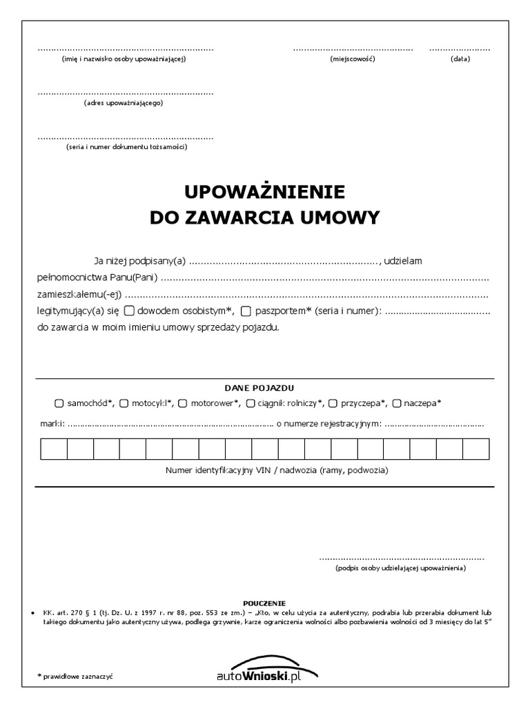 Upowaznienie Do Zawarcia Umowy Sprzedazy Pojazdu | PDF Upowaznienie Do Zawarcia Umowy Sprzedazy Pojazdu | PDF