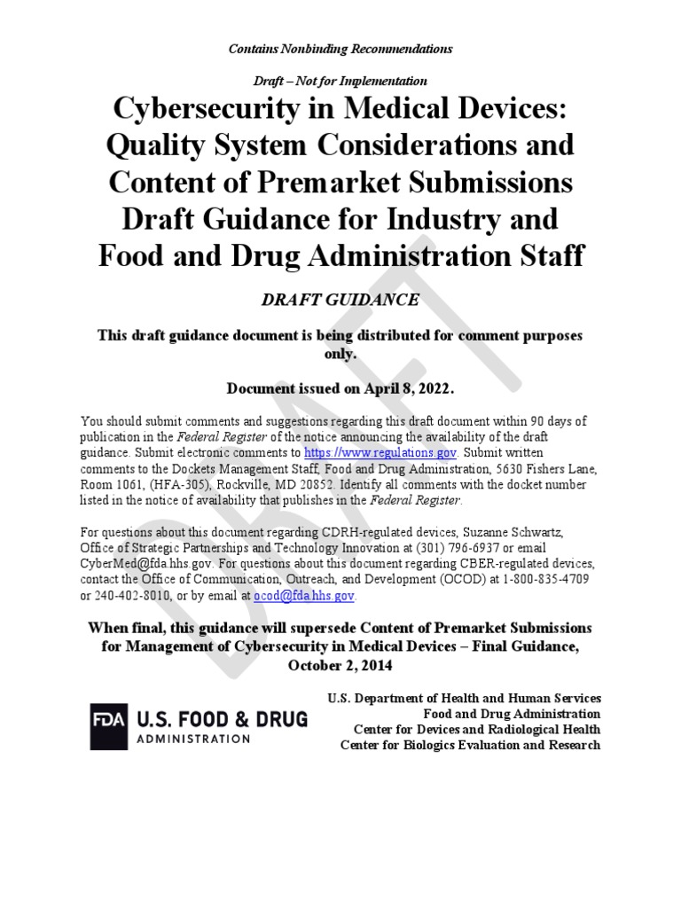 Premarket Cybersecurity Guidance | PDF | Federal Food | Medical Device