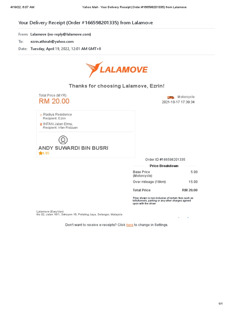Delivery Receipt (Order #166598201335) From Lalamove | PDF | Service ...