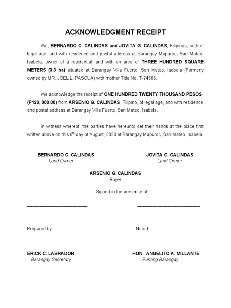 Acknowledgment Receipt: Land Owner Land Owner | PDF | Law | Technology ...