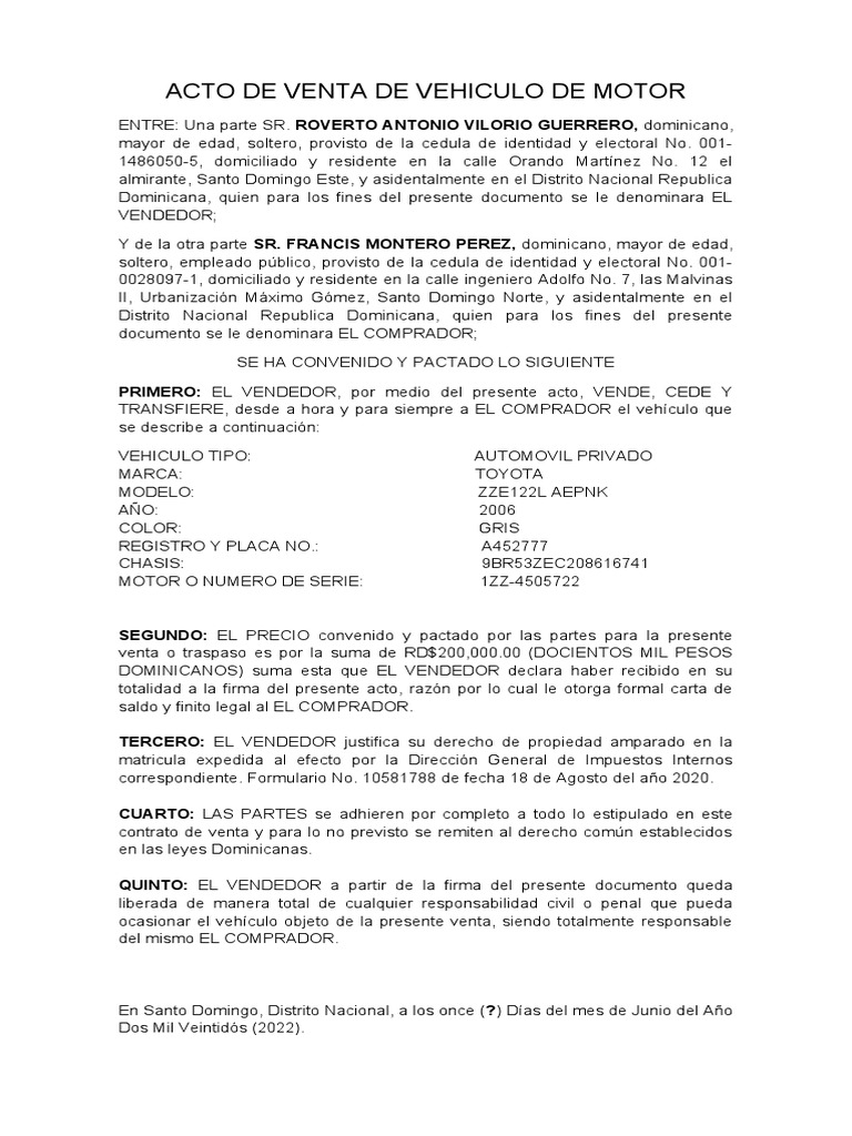 Acto de Venta de Vehiculo de Motor El Zorro | PDF | República ...