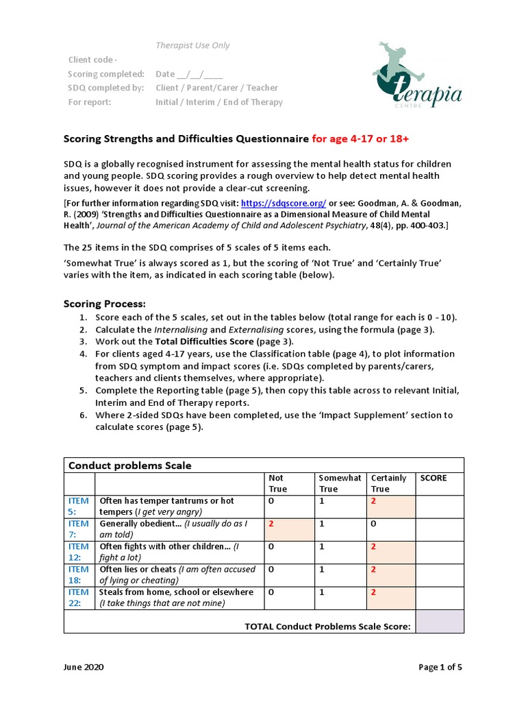 SDQ Scoring Guide for Ages 4-17 | PDF | Caregiver | Attention Deficit ...
