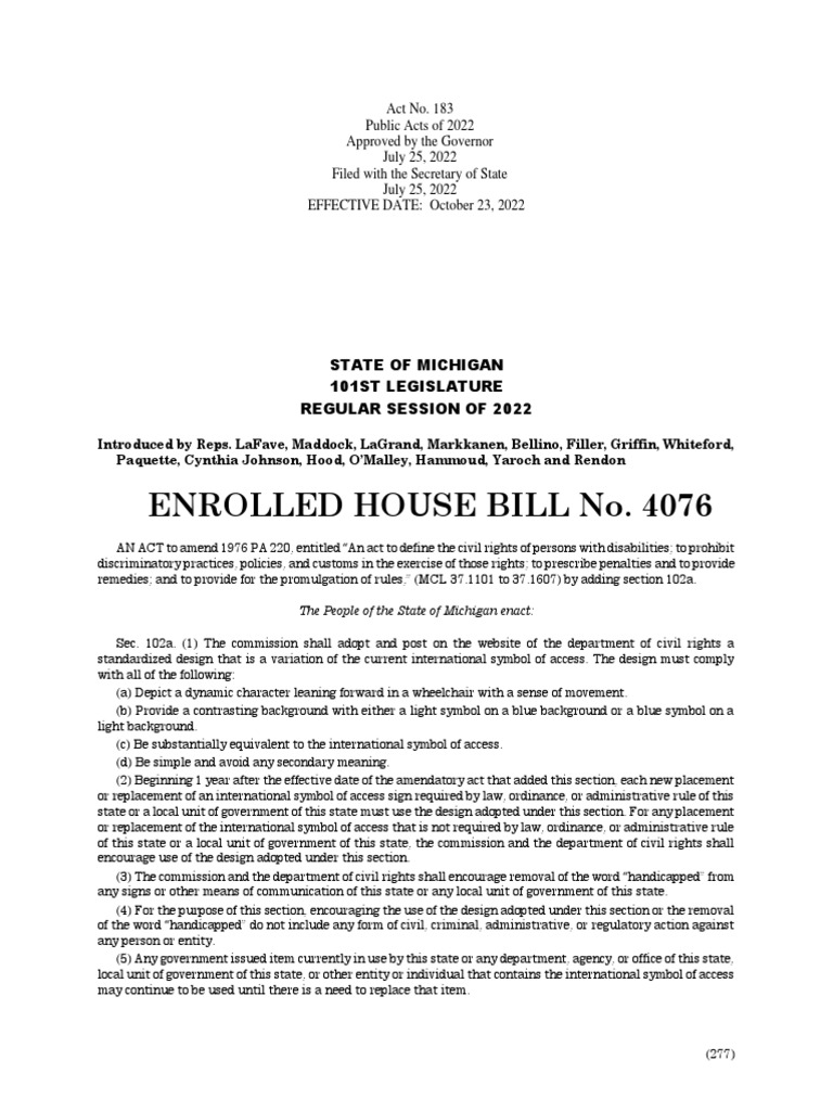 Enrolled House Bill No. 4076: State of Michigan 101St Legislature ...