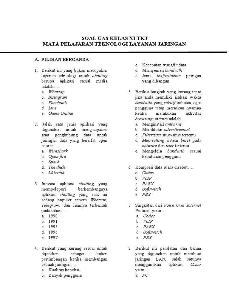 Soal Uas TLJ Kelas Xi TKJ | PDF