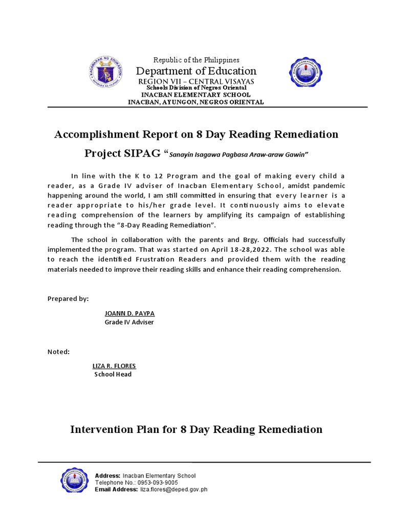 Accomplishment Report On 8 Day Reading Remediation | PDF | Teachers ...