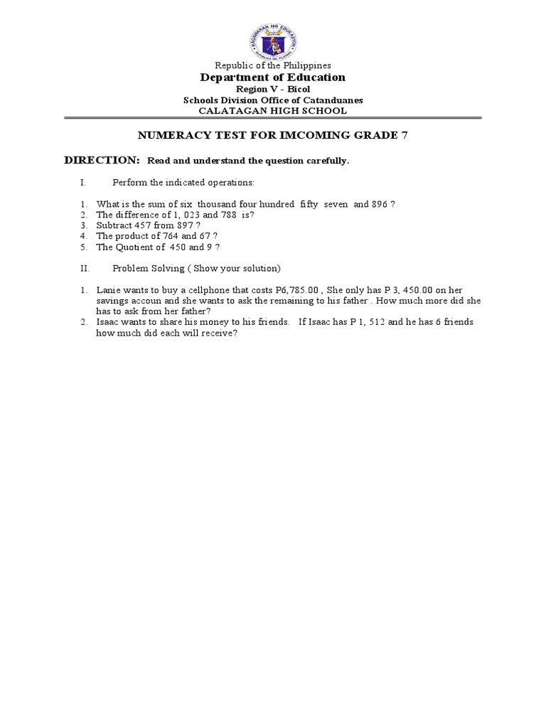 Numeracy Test For Imcoming Grade 7 Direction:: Department of Education ...