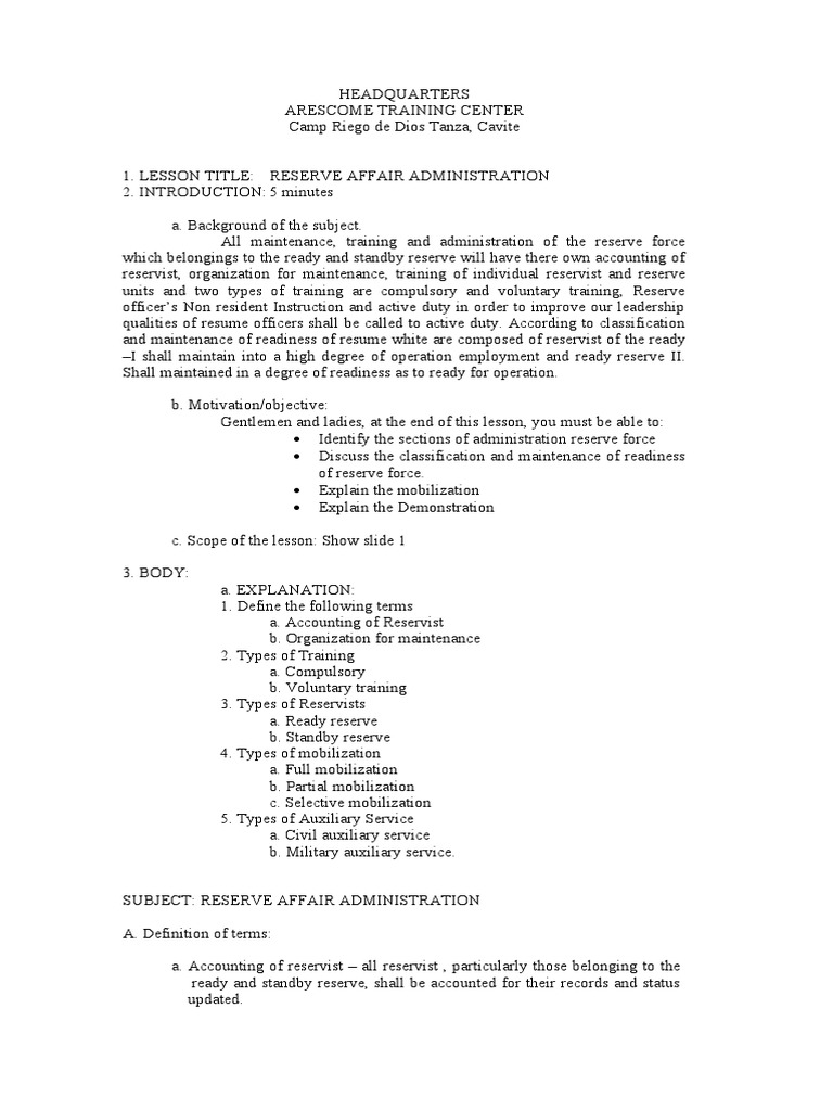 Reserve Affair Administration | PDF | Mobilization | Government