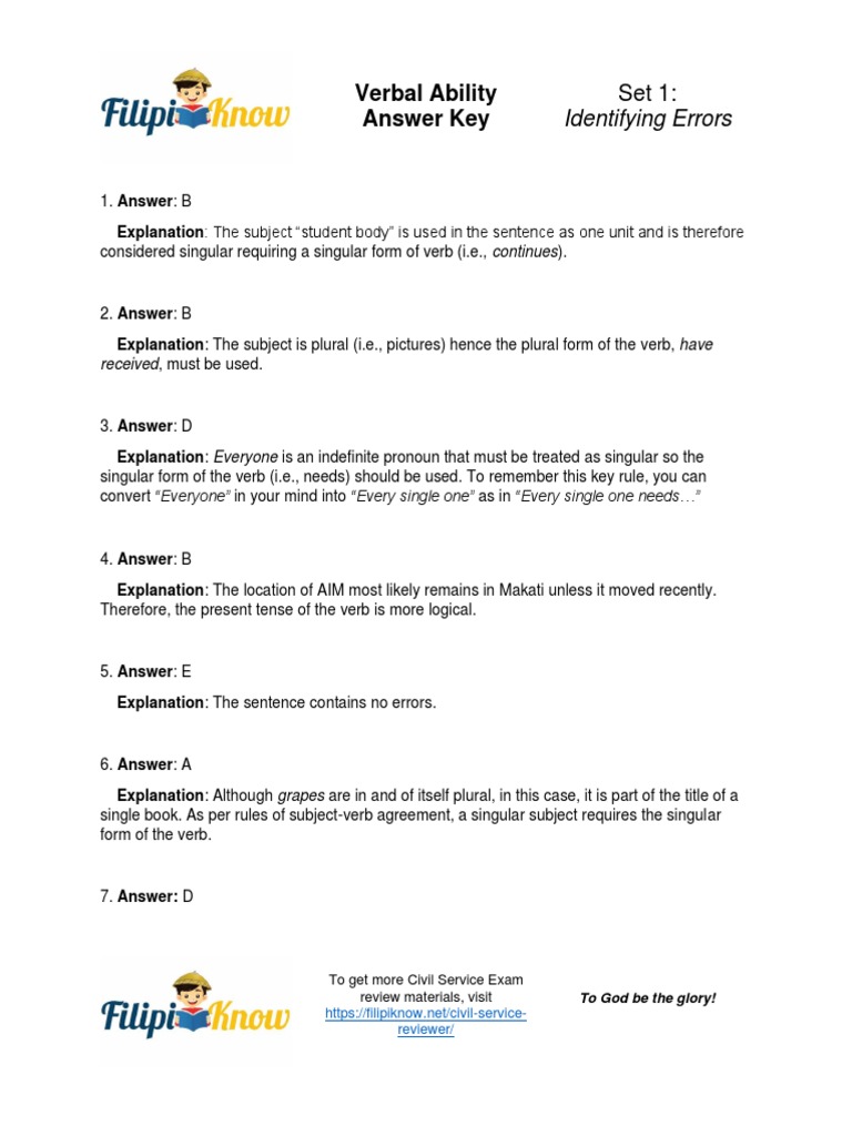 Verbal Ability Answer Key Set 1 1 | PDF | Grammatical Number | Verb