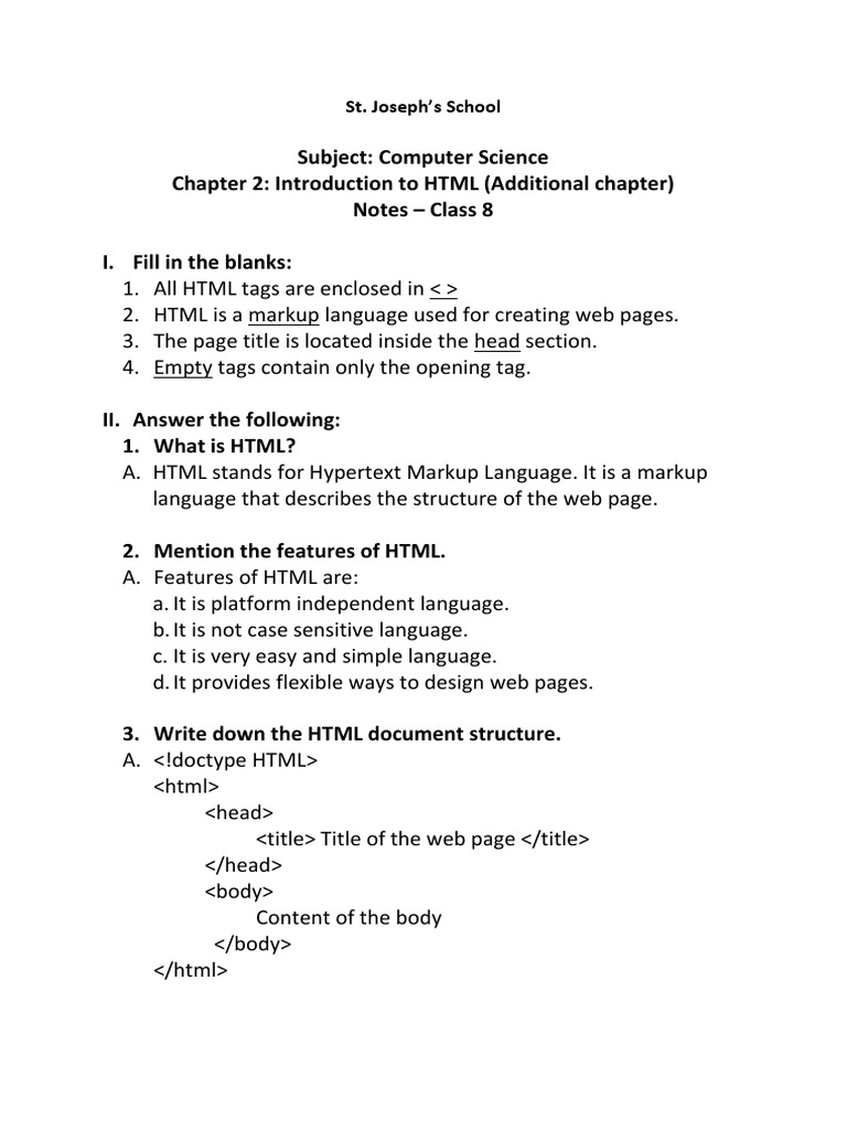 Subject: Computer Science Chapter 2: Introduction To HTML (Additional ...