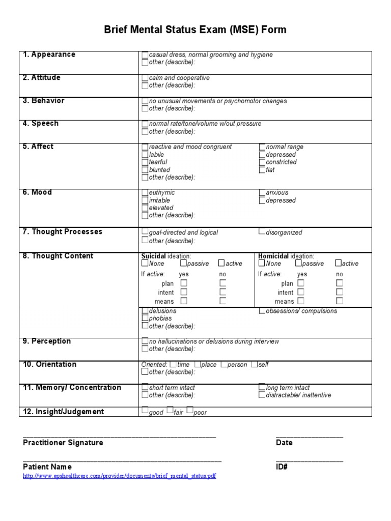 Brief Mental Status Exam (MSE) Form: 1. Appearance 2. Attitude 3 ...