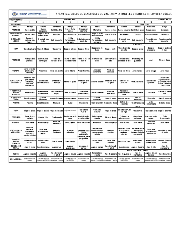 Anexo No. 4 Ciclo de Menus y Derivaciones de Dietas 2018 | PDF ...