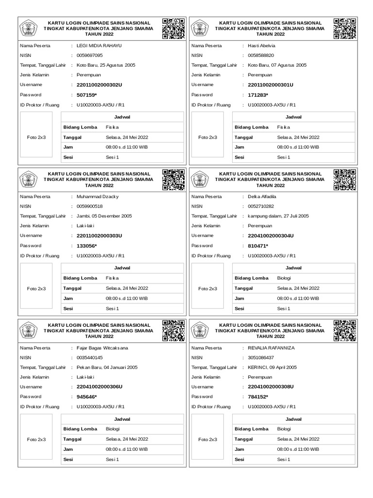 Kartu Login KSN 2022 | PDF