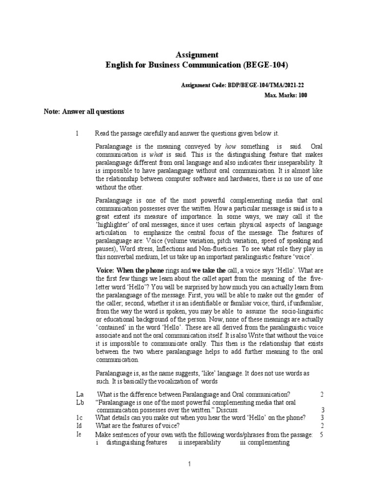 Assignment English For Business Communication (BEGE-104) | PDF | Communication | Cognition