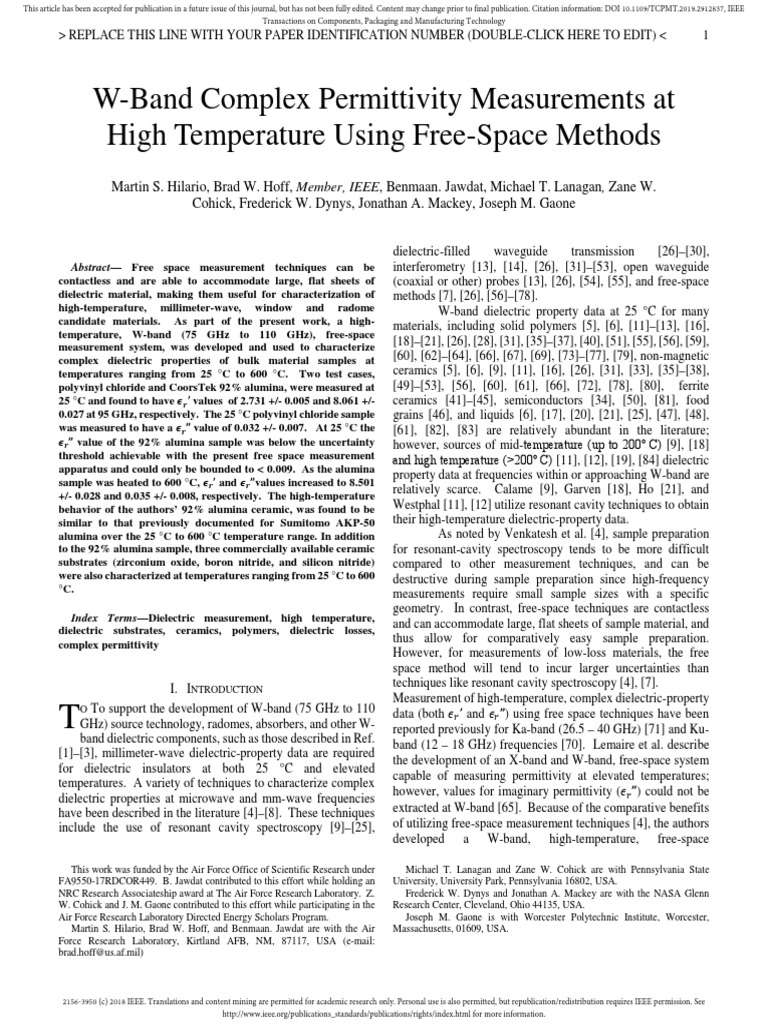W-Band Complex Permittivity Measurements at High Temperature Using Free-Space Methods | PDF ...