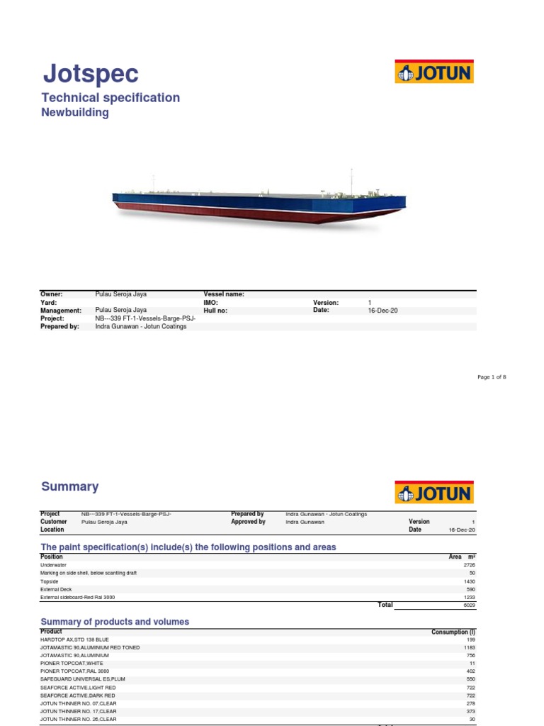 Jotun Coatings Specification for PSJ Barge | PDF | Paint | Industrial ...