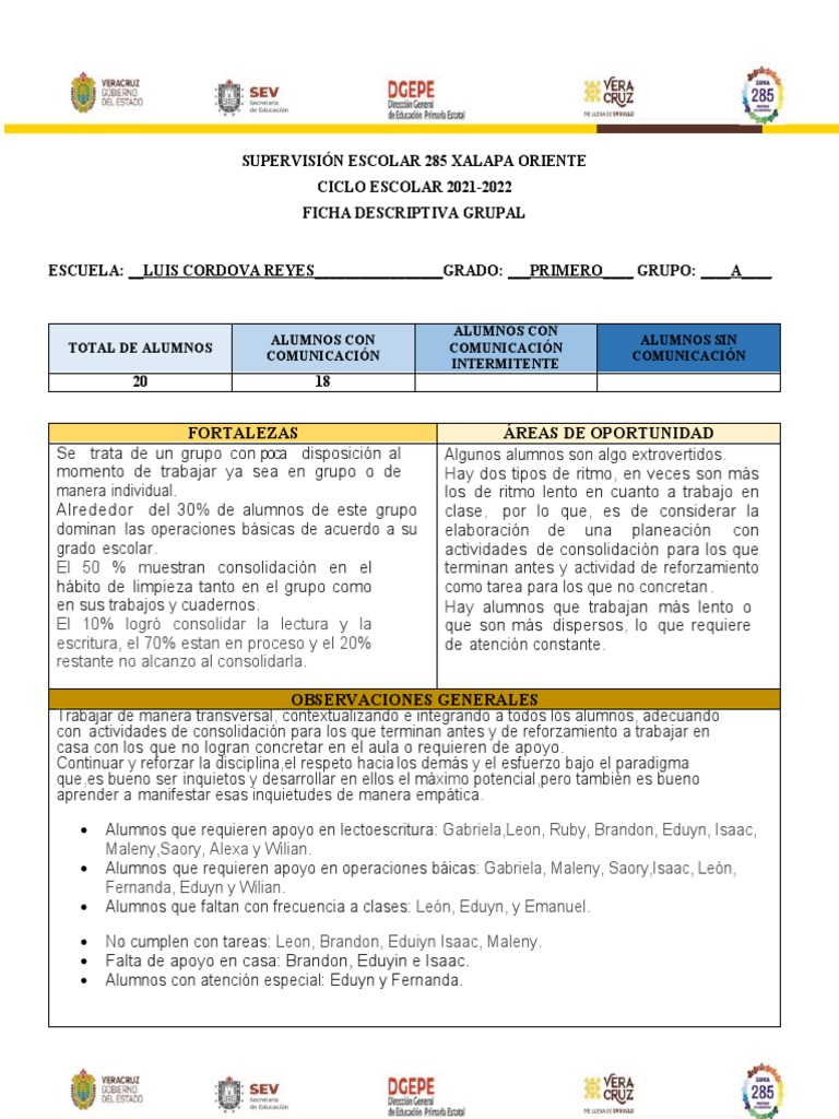 FICHA DESCRIPTIVA GRUPAL 1° y 2° | PDF | Secuencia | Salón de clases