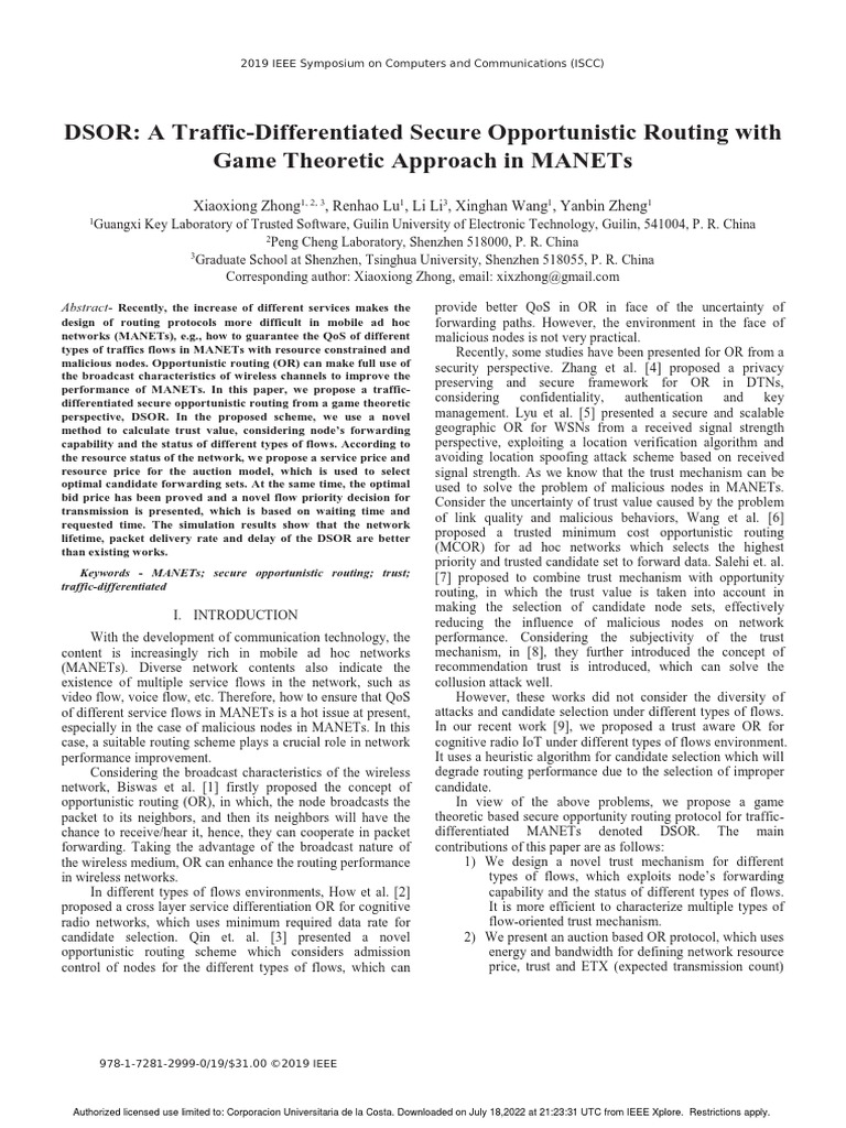 Dsor A Traffic Differentiated Secure Opportunistic Routing With Game