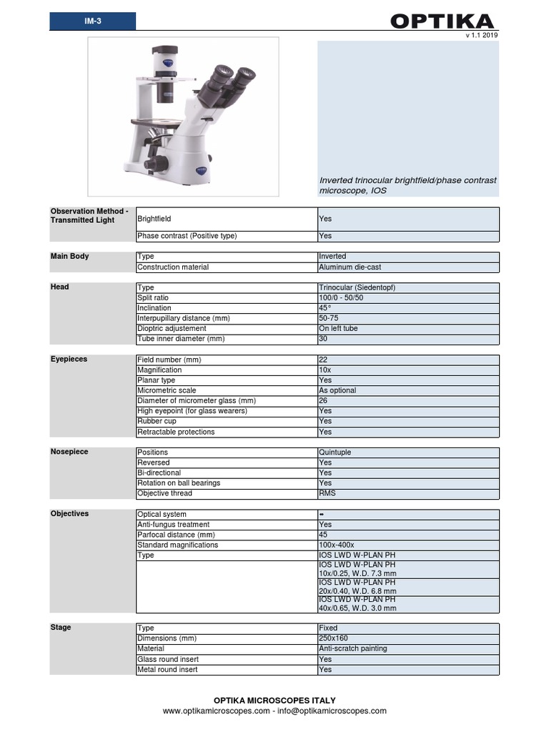 OPTIKA IM-3 Technical Datasheet EN | PDF | Optics | Electromagnetic Radiation